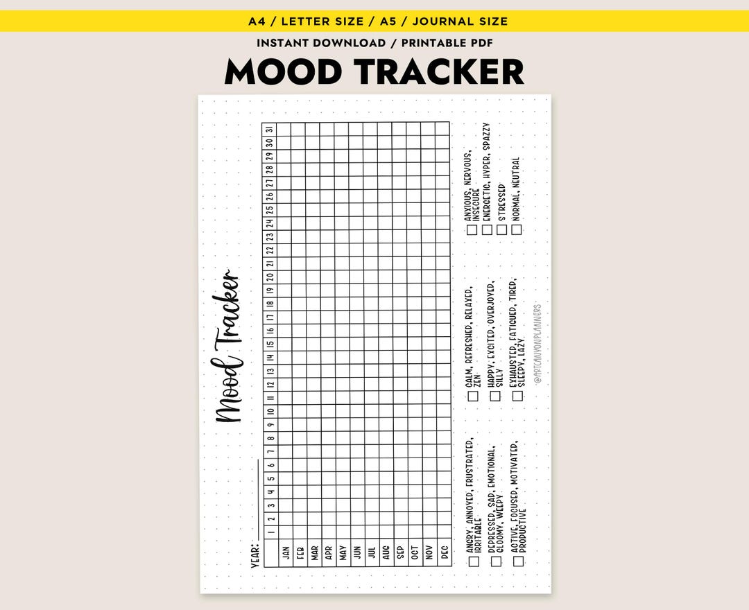 Year in Pixels Mood Tracker Printable Annual Feelings Chart Mental ...
