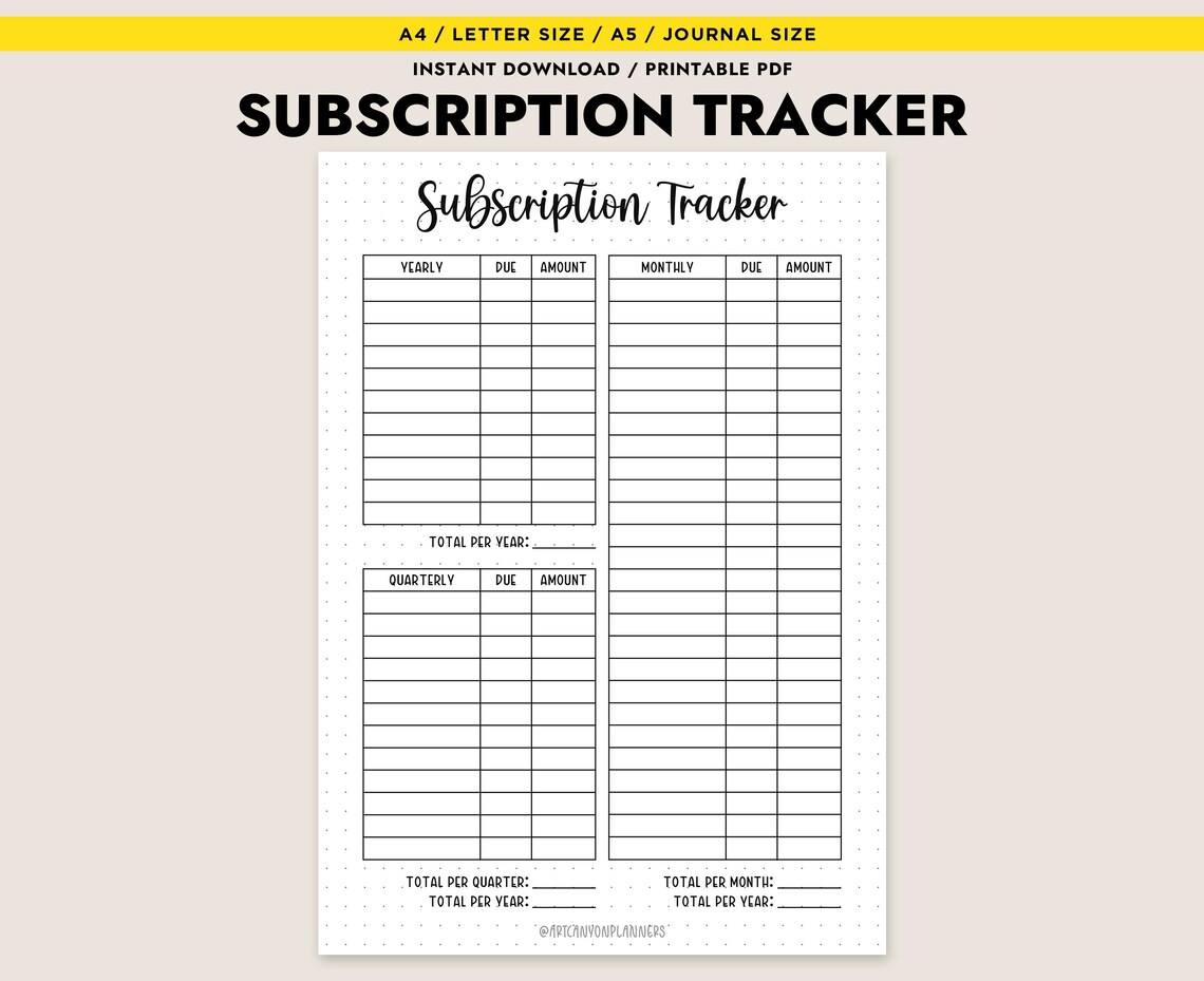 Printable Subscription Tracker A4 Letter A5 Recurring Bill Log Budget ...