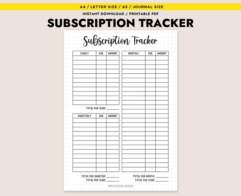 Printable Subscription Tracker A4 Letter A5 Recurring Bill Log Budget ...