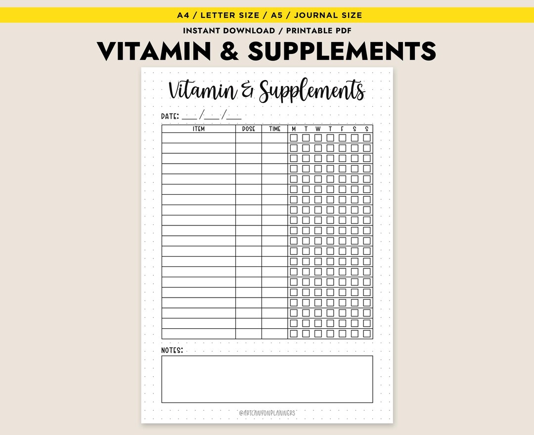Printable Vitamin & Supplement Tracker Printable Workout Exercises ...