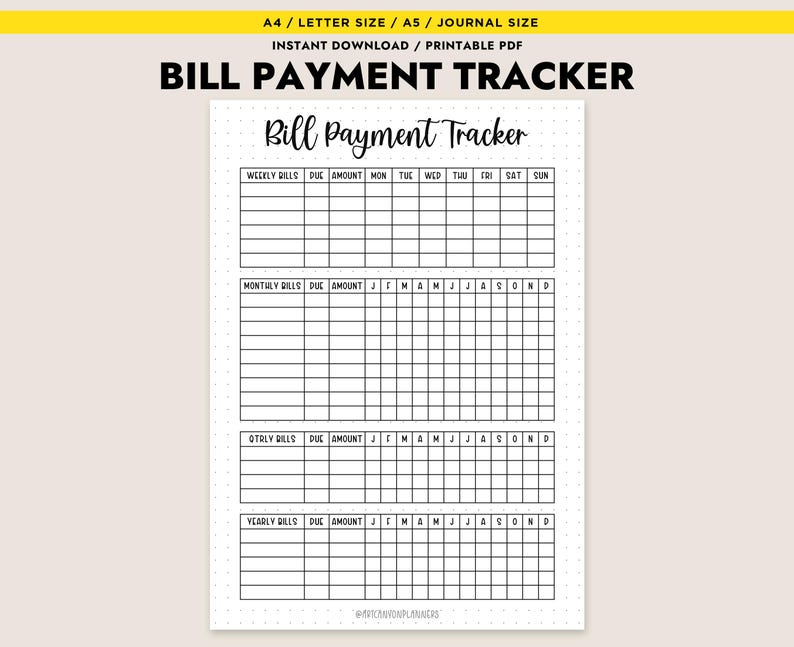 Printable Bill Payment Tracker A4 Letter A5 Journal Sizes PDF Finance ...