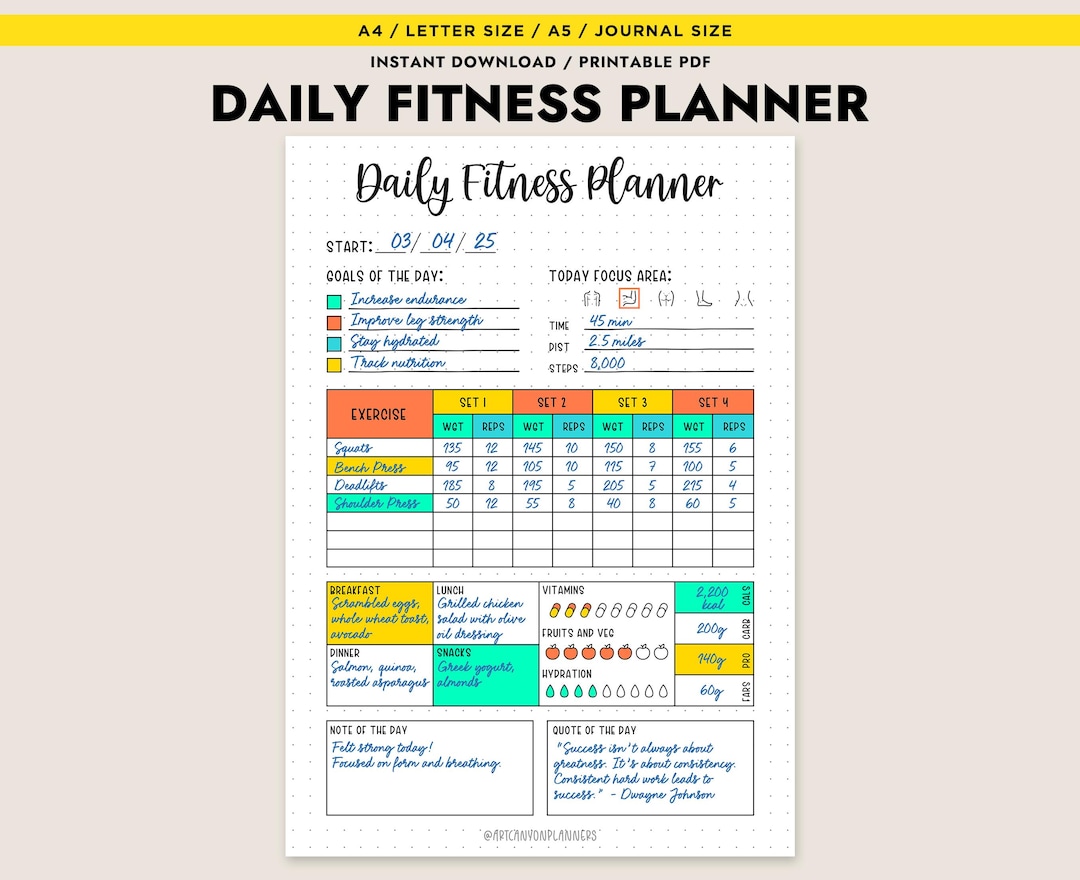 Daily Fitness Planner Printable Template Tracker Workout Exercises ...