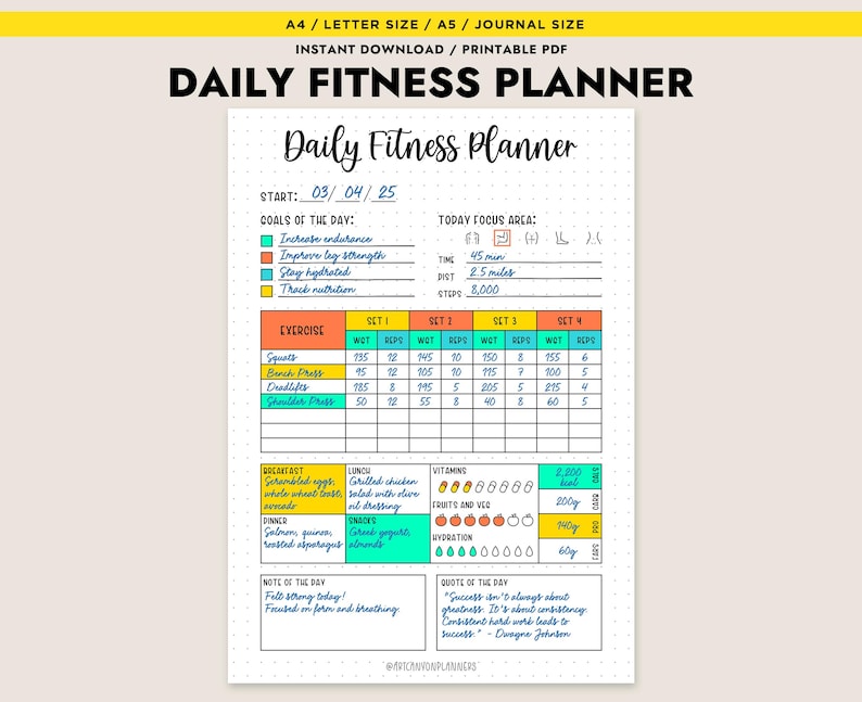 Daily Fitness Planner Printable Template Tracker Workout Exercises ...