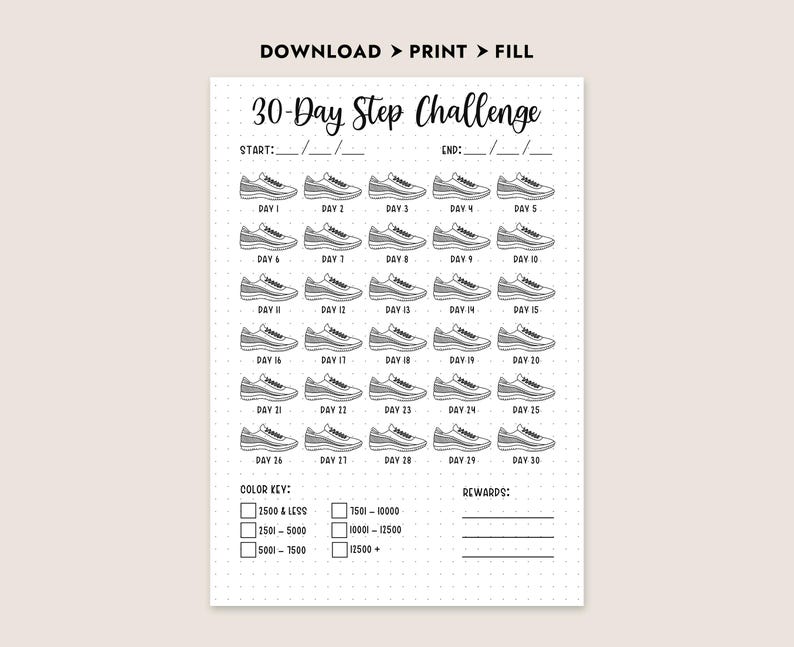 30 Day Step Challenge Tracker Digital Fitness Workout Exercises ...