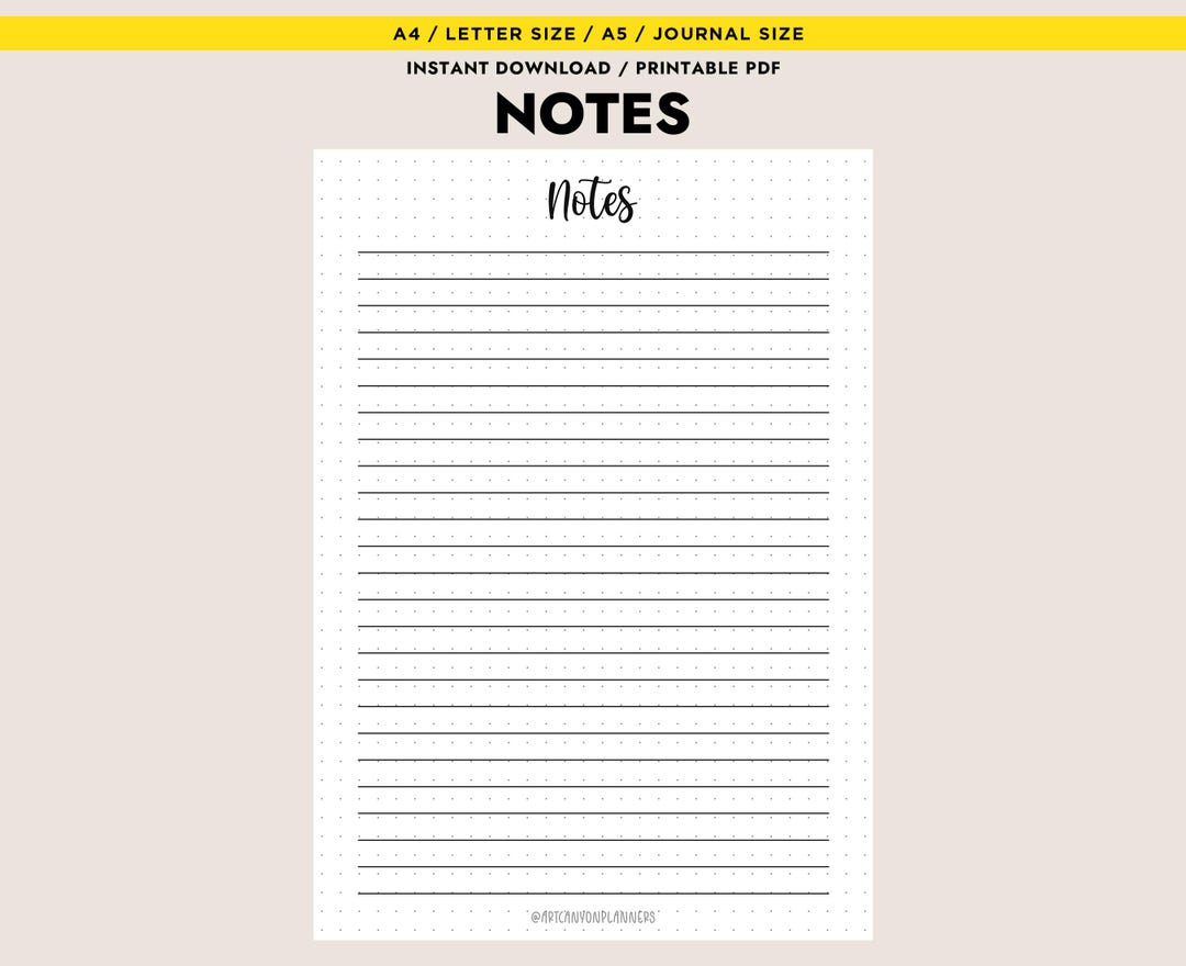 Notes Instant Download Printable PDF Digital Notebook Lined Dotted ...