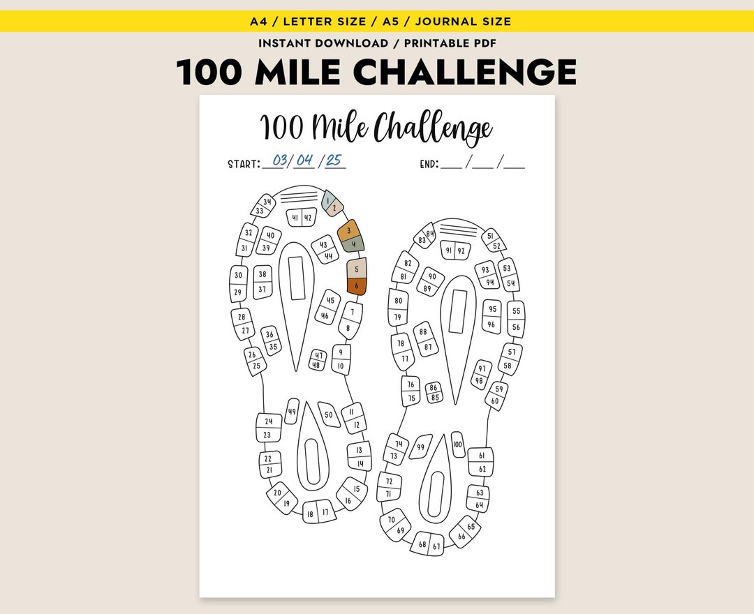 100 Mile Challenge Tracker Printable Journal Page Planner Exercise ...
