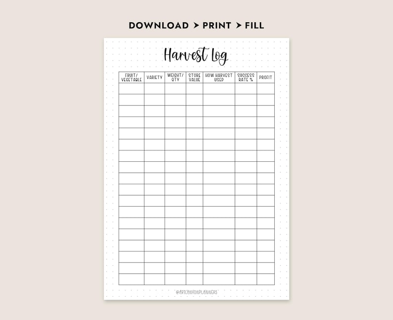 Harvest Log Printable Garden Planner PDF Vegetable Garden Tracker ...