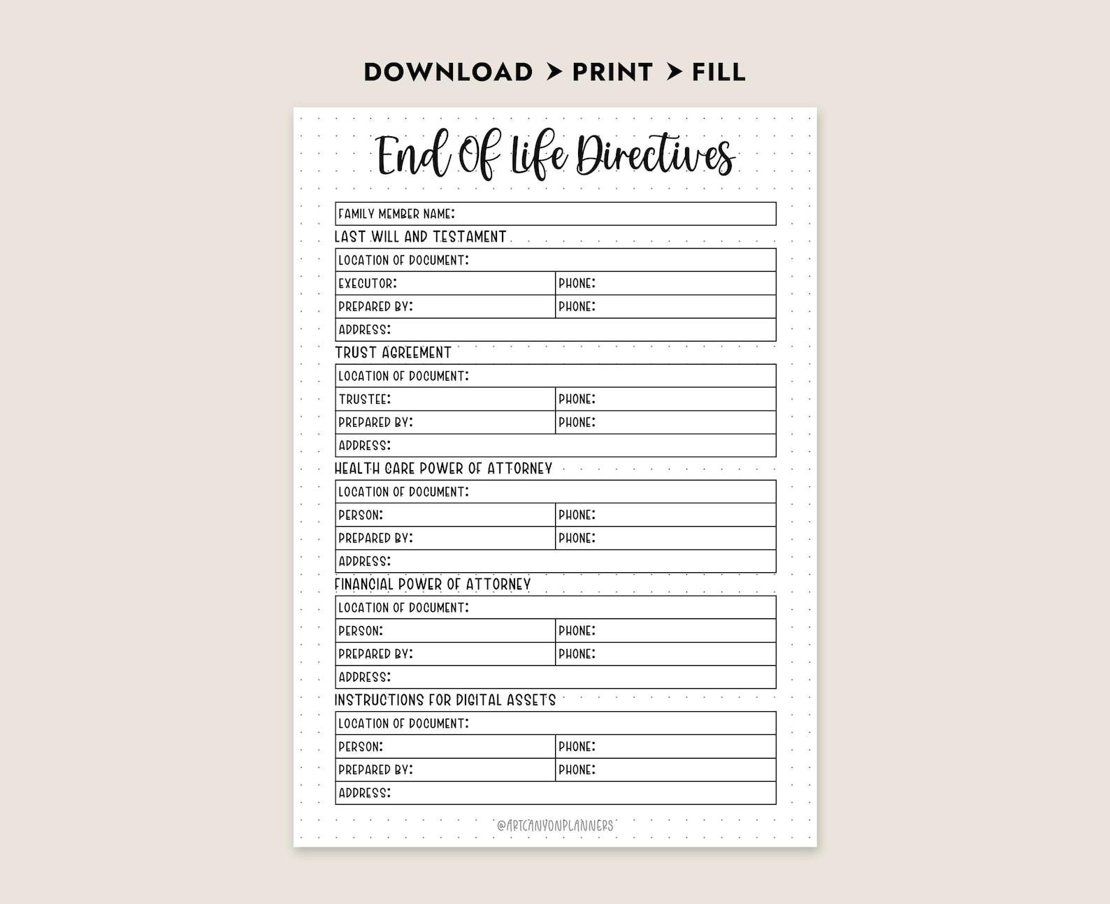 End of Life Planner Printable Directives Organizer Estate Planning ...