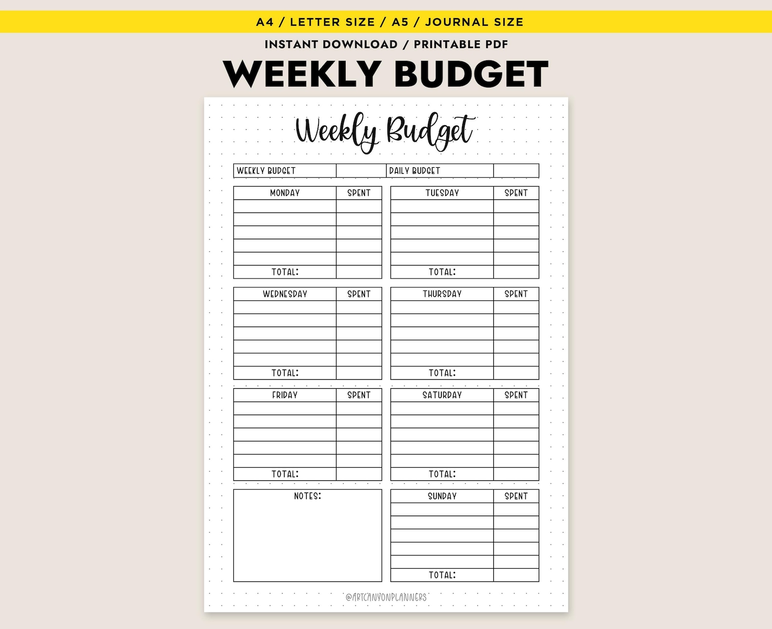 Weekly Budget Planner Printable A4 Letter A5 Journal Size Instant ...