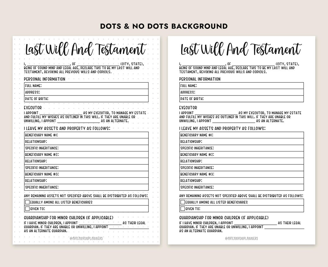 Printable Last Will and Testament Template PDF Instant Download Estate ...