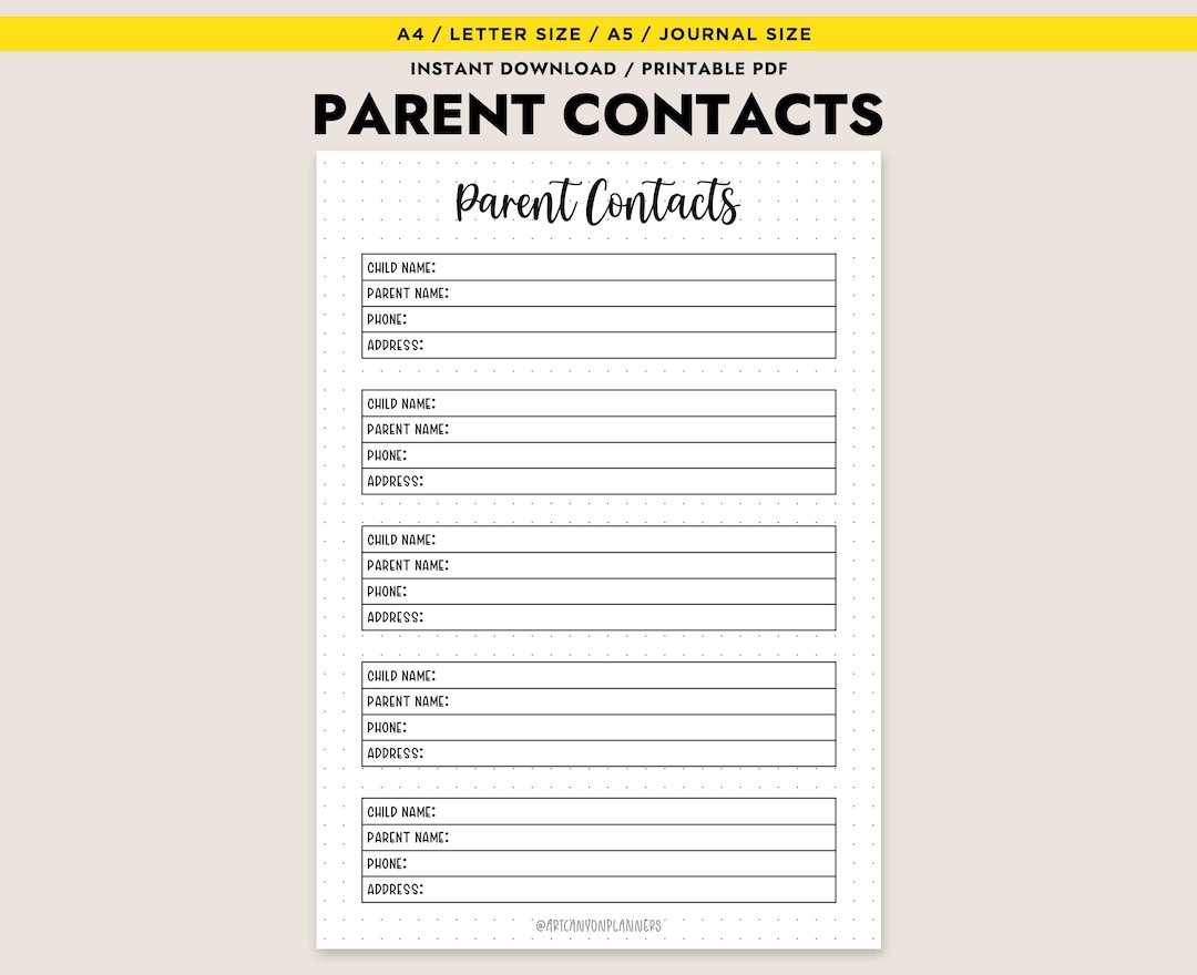 Parent Contact List Printable Teacher Student Information Sheet Daycare ...