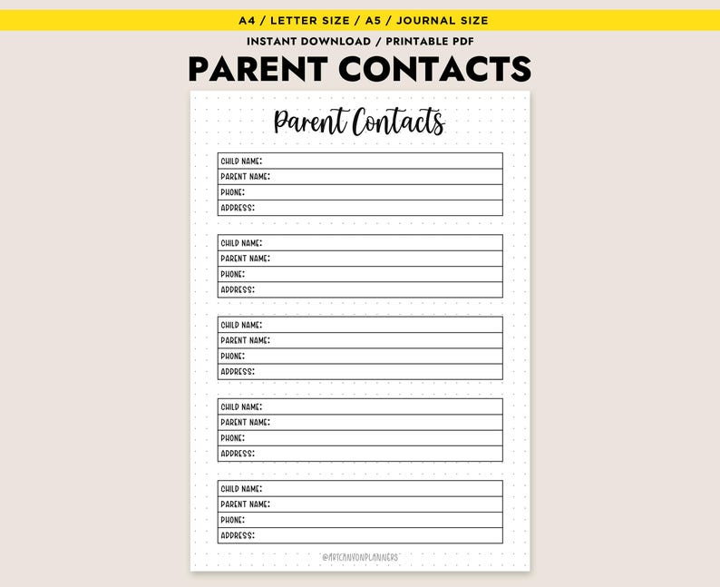 Parent Contact List Printable Teacher Student Information Sheet Daycare ...