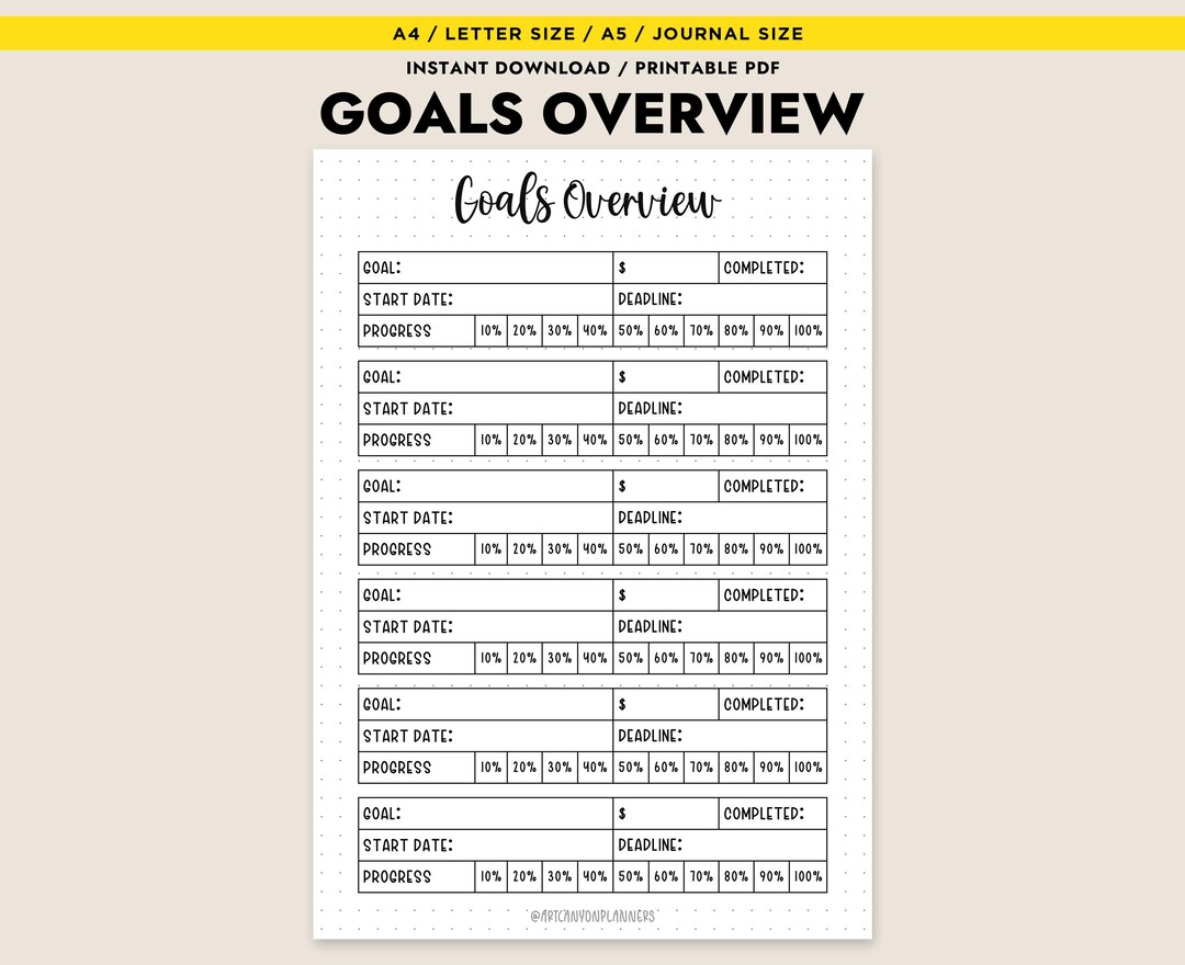Printable Goals Overview & Progress Tracker Deadline Planner Insert A4 ...