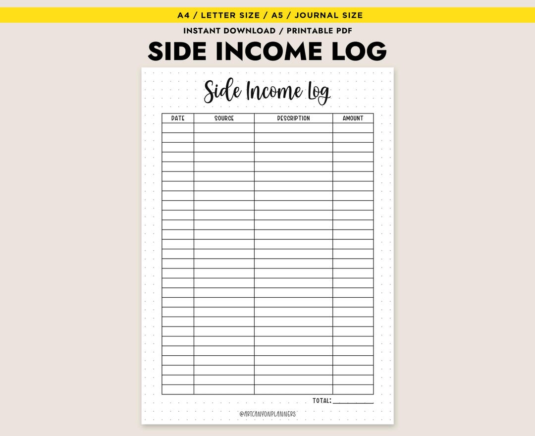 Side Income Log Printable Side Hustle Tracker PDF Earnings Record Sheet ...