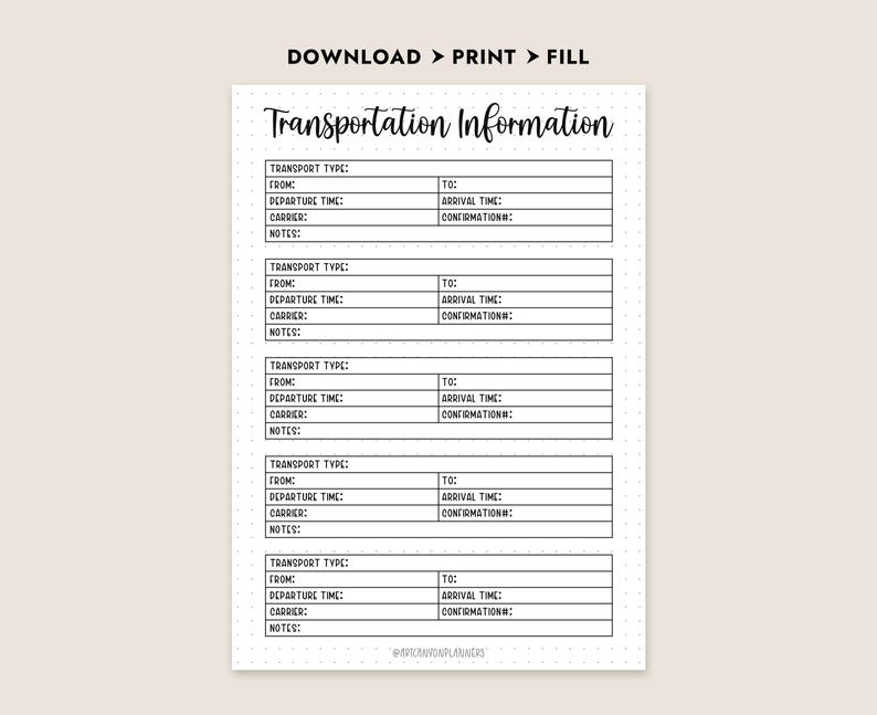 Printable Transportation Information Log Travel Planner Flight Details ...