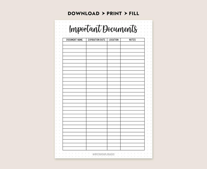 Printable Important Documents Tracker Log Expiration Date Organizer ...