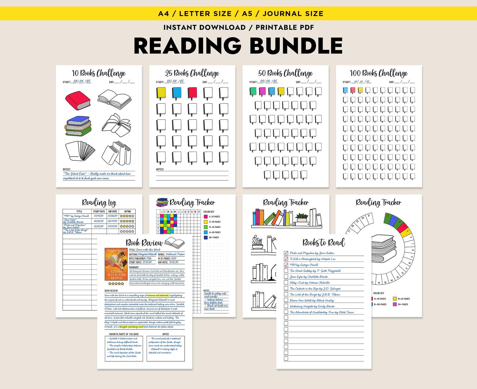 Reading Tracker Bundle Printable Journal Page Planner Book Reading Log ...