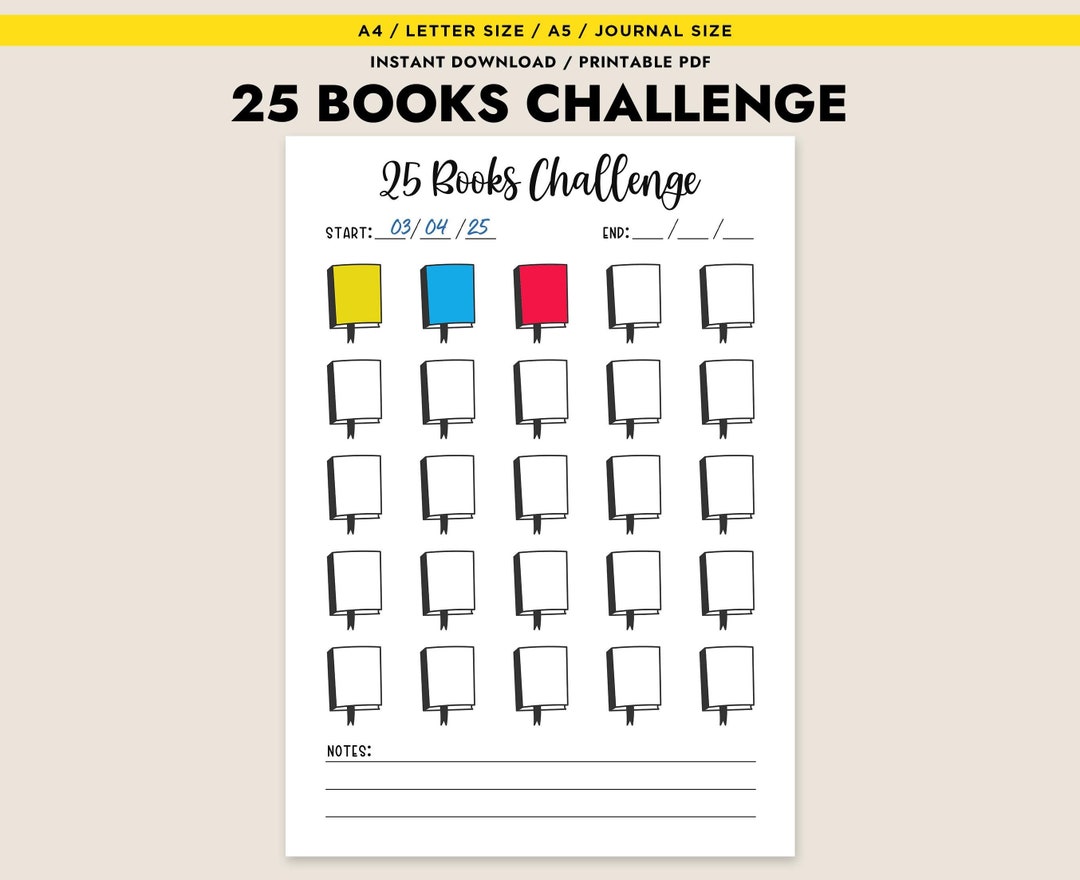 25 Books Challenge Reading Tracker Printable Journal Page Planner Book ...