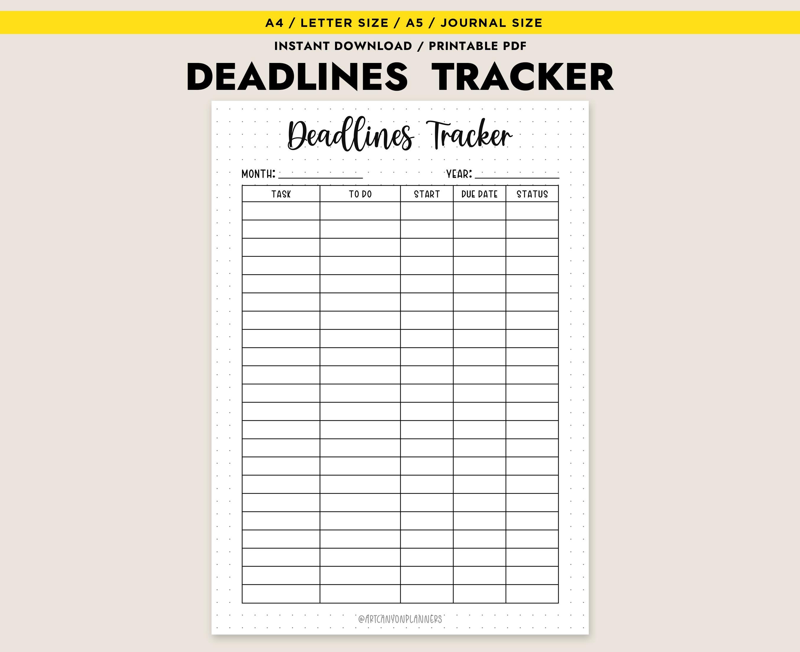 Deadlines Tracker Printable Planner Insert A4 A5 Letter Digital ...
