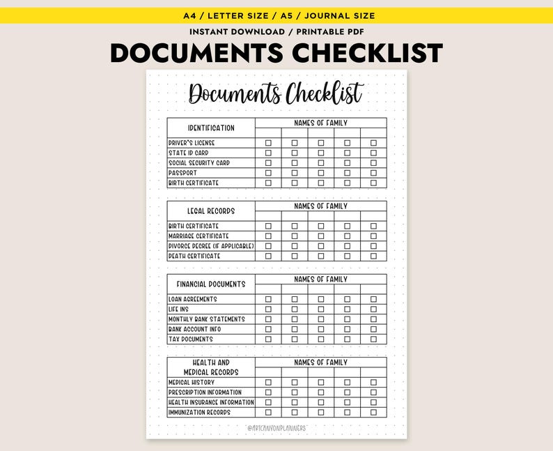 Printable Documents Checklist Important Family Papers Organizer Planner ...