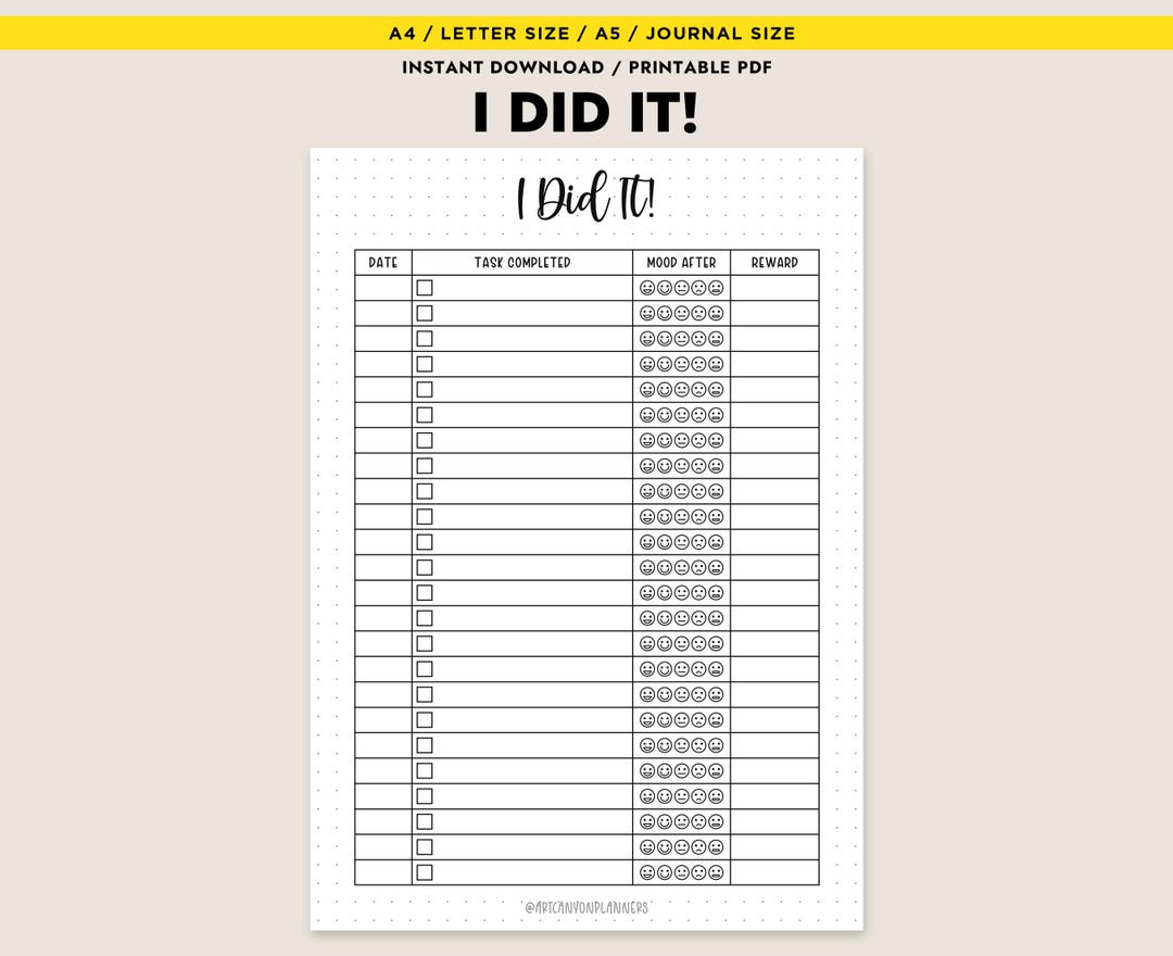 I Did It Chart Printable Task Tracker Mood and Reward Log Planner ...