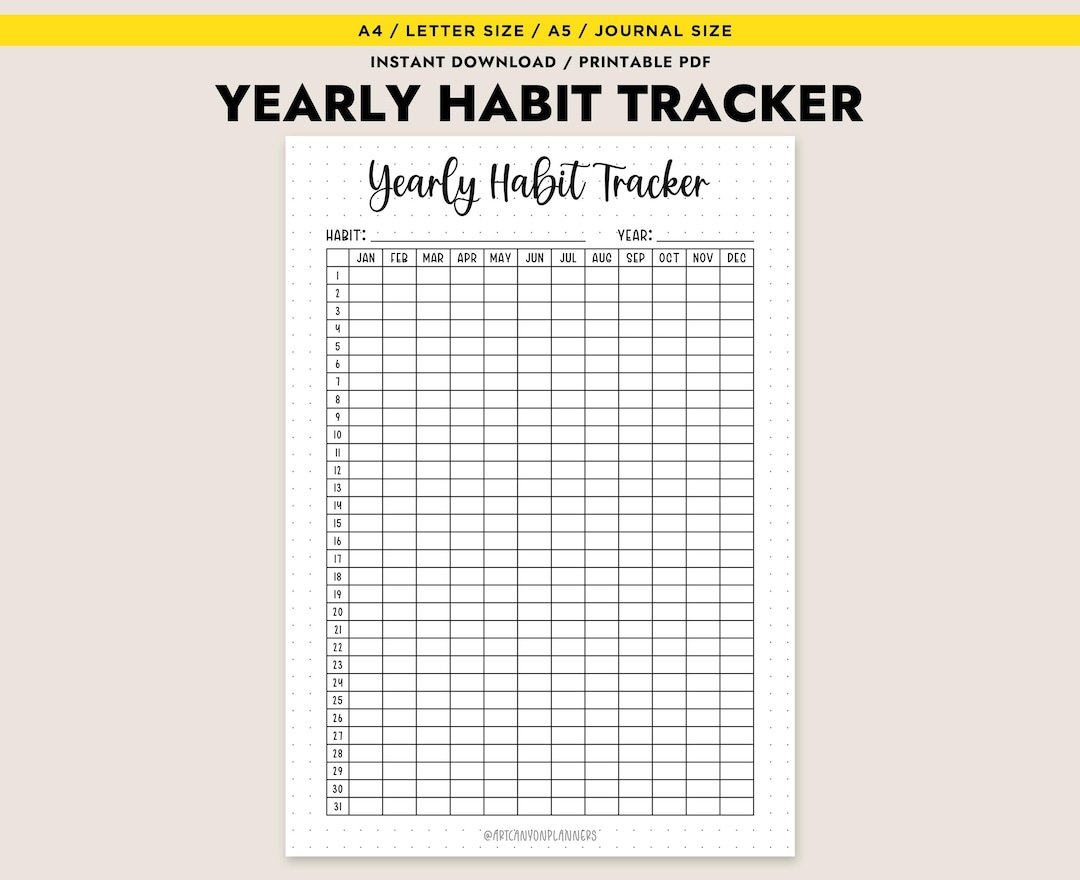 Yearly Habit Tracker Printable PDF Planner Insert A4 A5 Letter Size ...