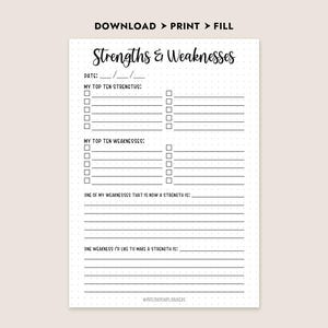 Strengths and Weaknesses Worksheet Printable Self Reflection Journal ...