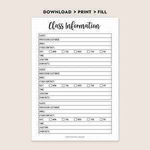 Class Information Printable A4 A5 Letter Size Journal PDF Instant ...