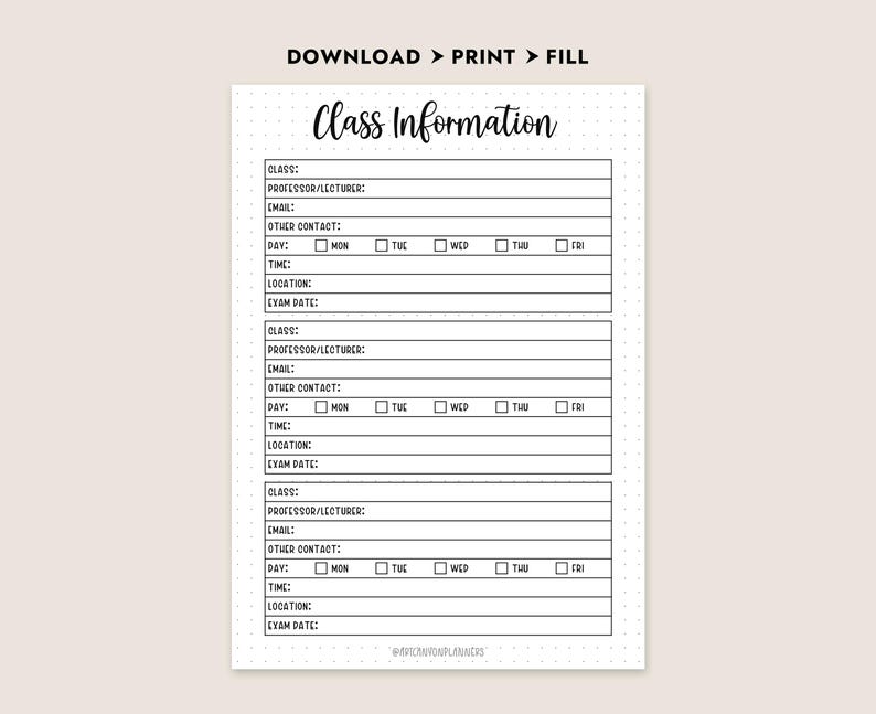 Class Information Printable A4 A5 Letter Size Journal PDF Instant ...