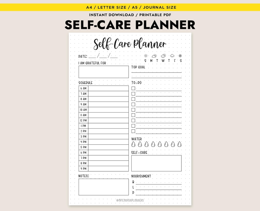 Self Care Daily Planner Printable Hourly Schedule Wellness Tracker A4 ...