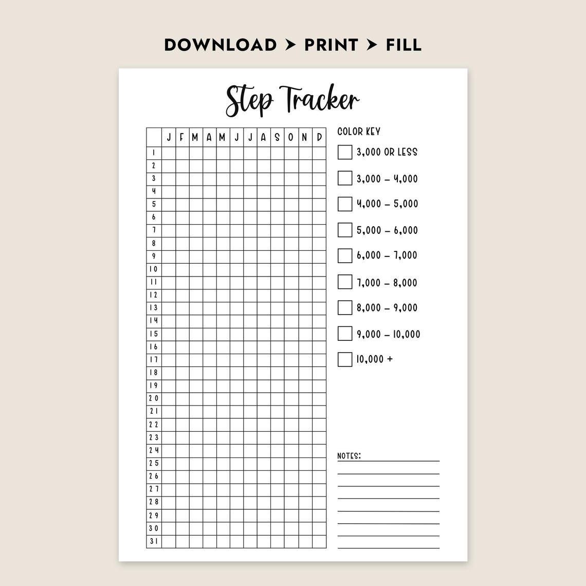 Step Tracker Yearly Printable Journal Page Planner Fitness Tracker ...