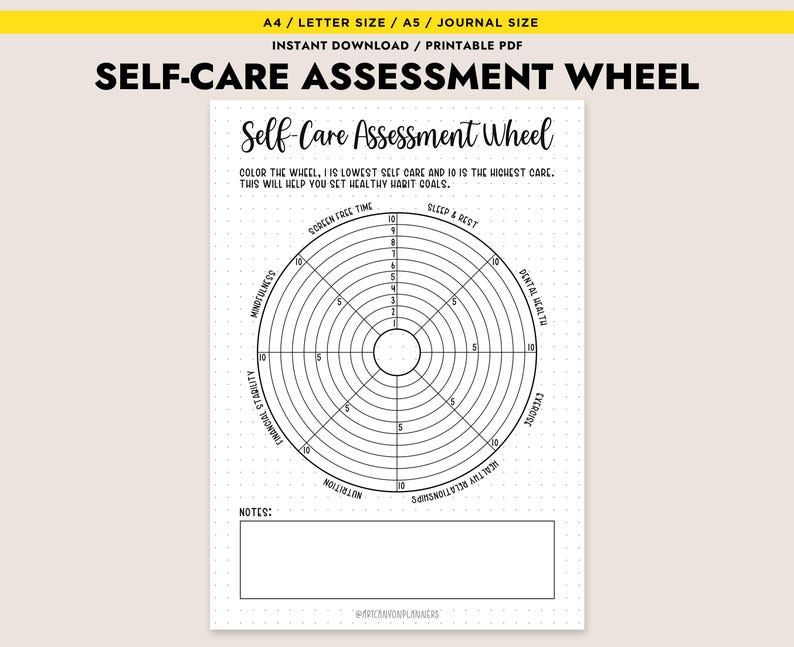 Self Care Wheel Printable Wellness Journal Habit Tracker Instant ...