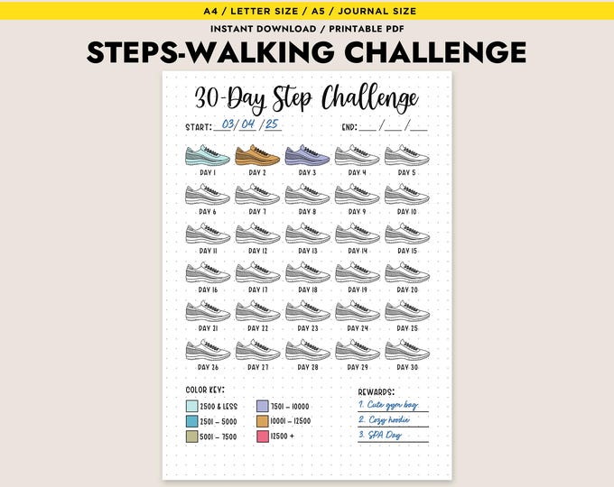 30 Day Step Tracker Printable, 30 Day Water Log, Water Intake Tracker ...