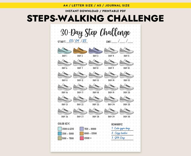 30 Day Step Challenge Tracker Digital Fitness Workout Exercises ...