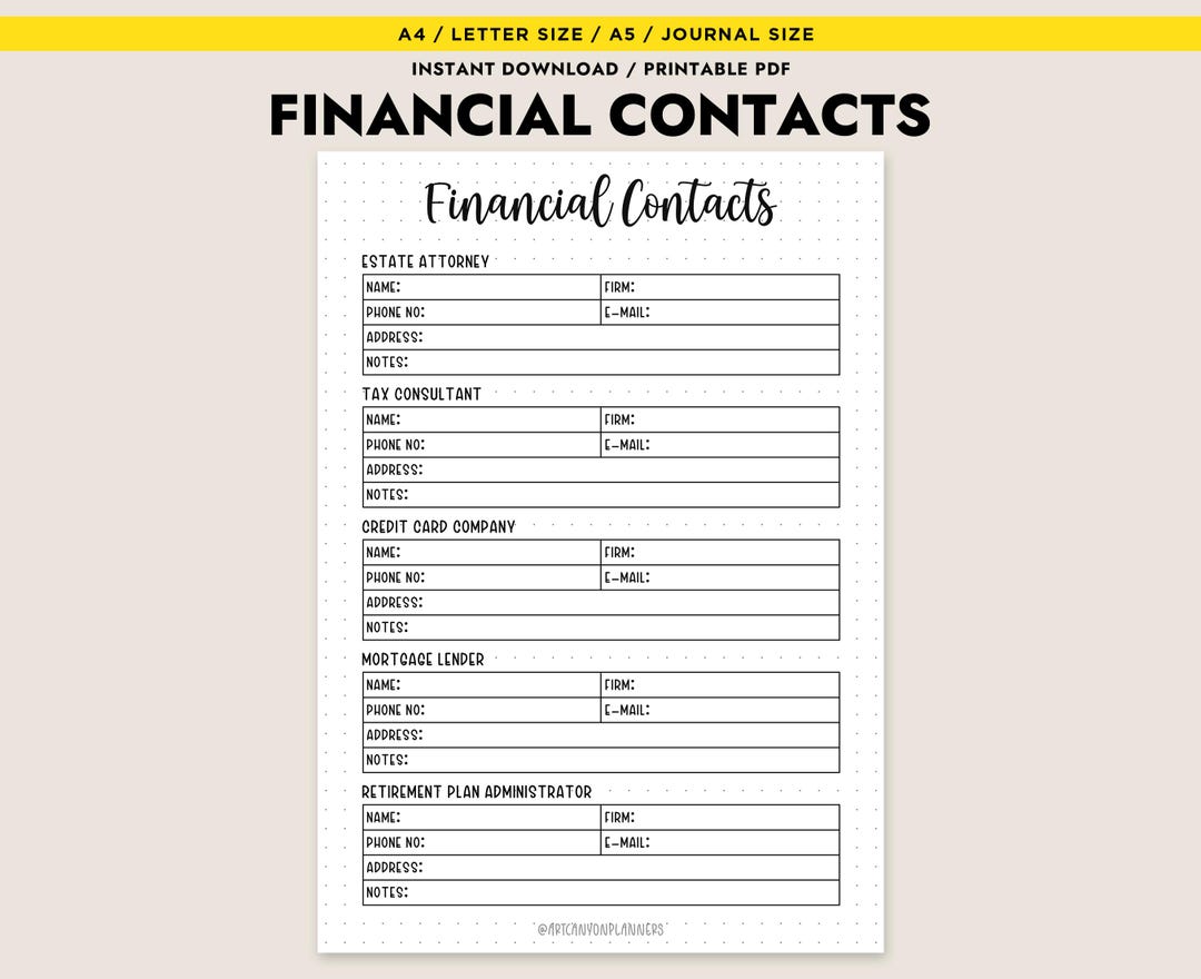 Financial Contacts Printable Planner Insert A4 A5 Letter Journal Size ...