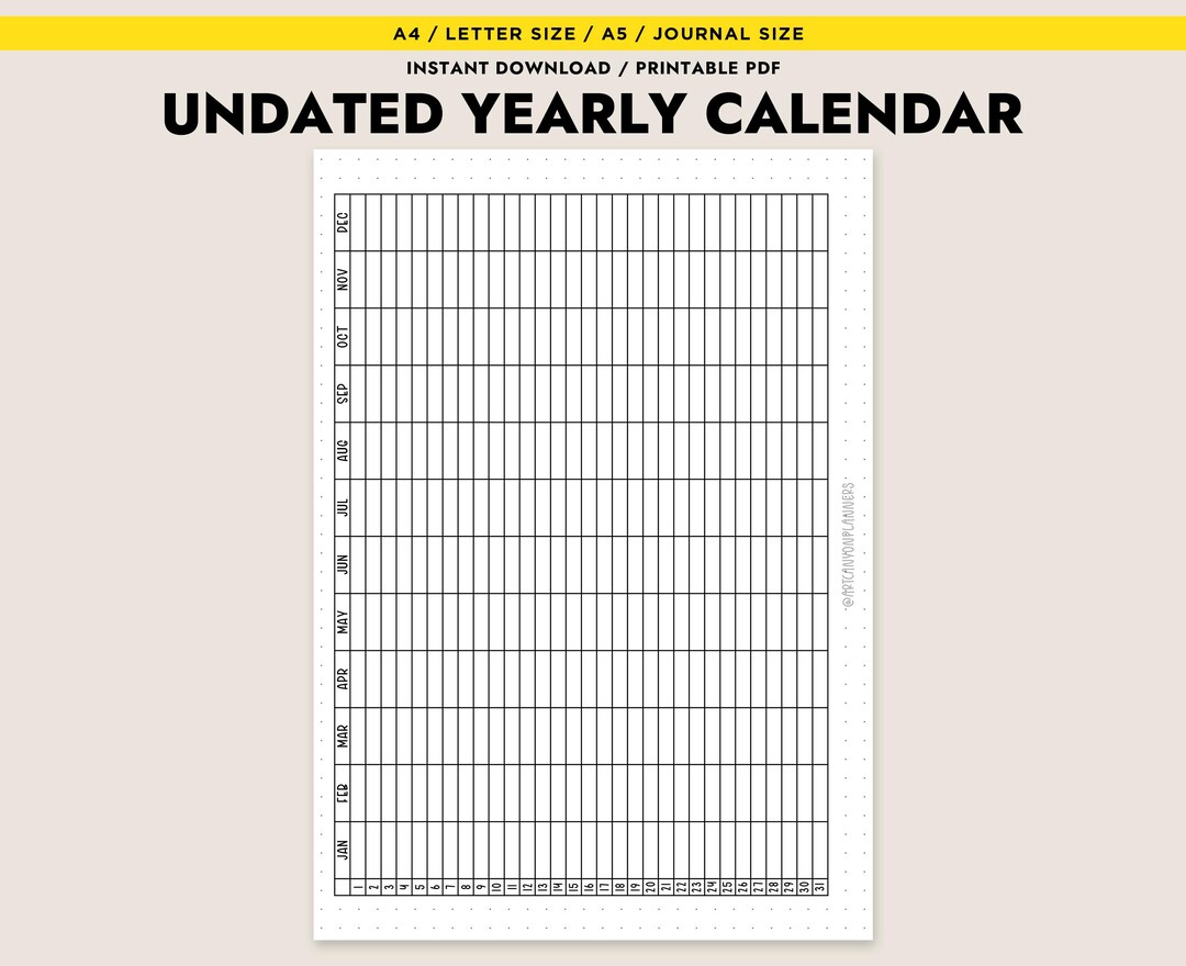 Undated Yearly Calendar Printable PDF Instant Download A4 Letter A5 ...