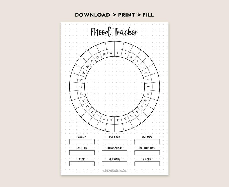 Mood Tracker Printable Monthly Feelings Chart Wellness Log Mental ...