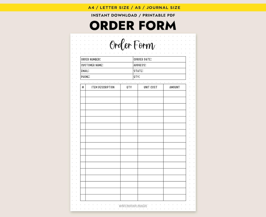 Printable Order Form Template Small Business Tracker Customer Details ...