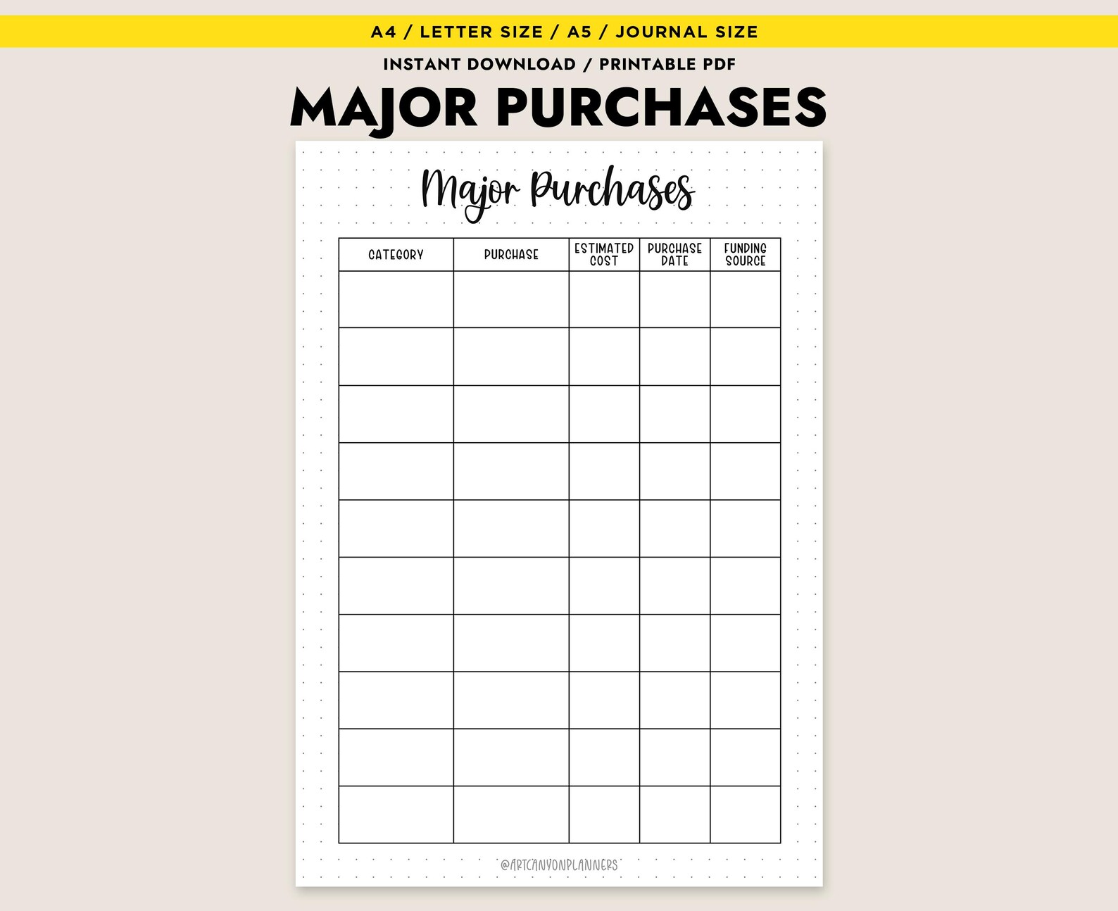 Major Purchases Planner Printable A4 A5 Letter Journal Size Instant ...
