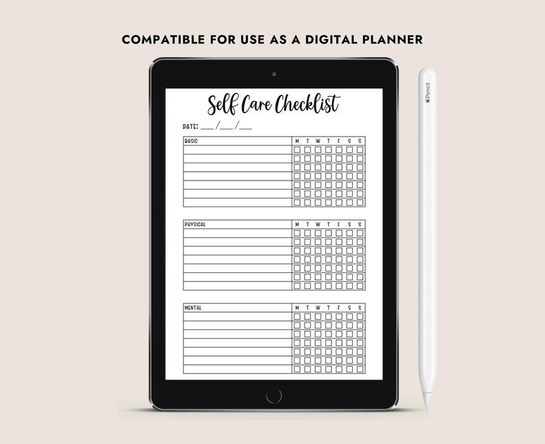 Weekly Self Care Checklist Printable Basic Physical Mental Wellness Log ...