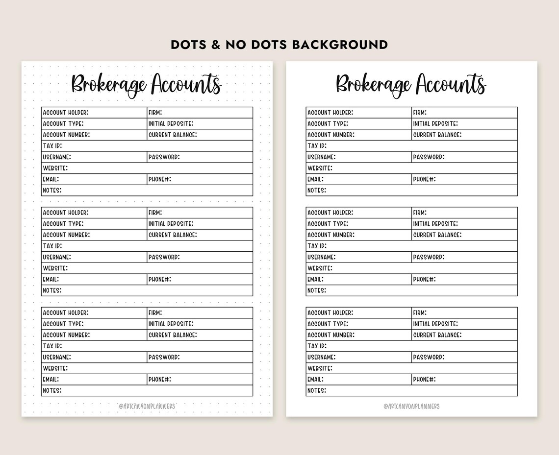Brokerage Accounts Tracker Printable Investment Log Finance Planner ...