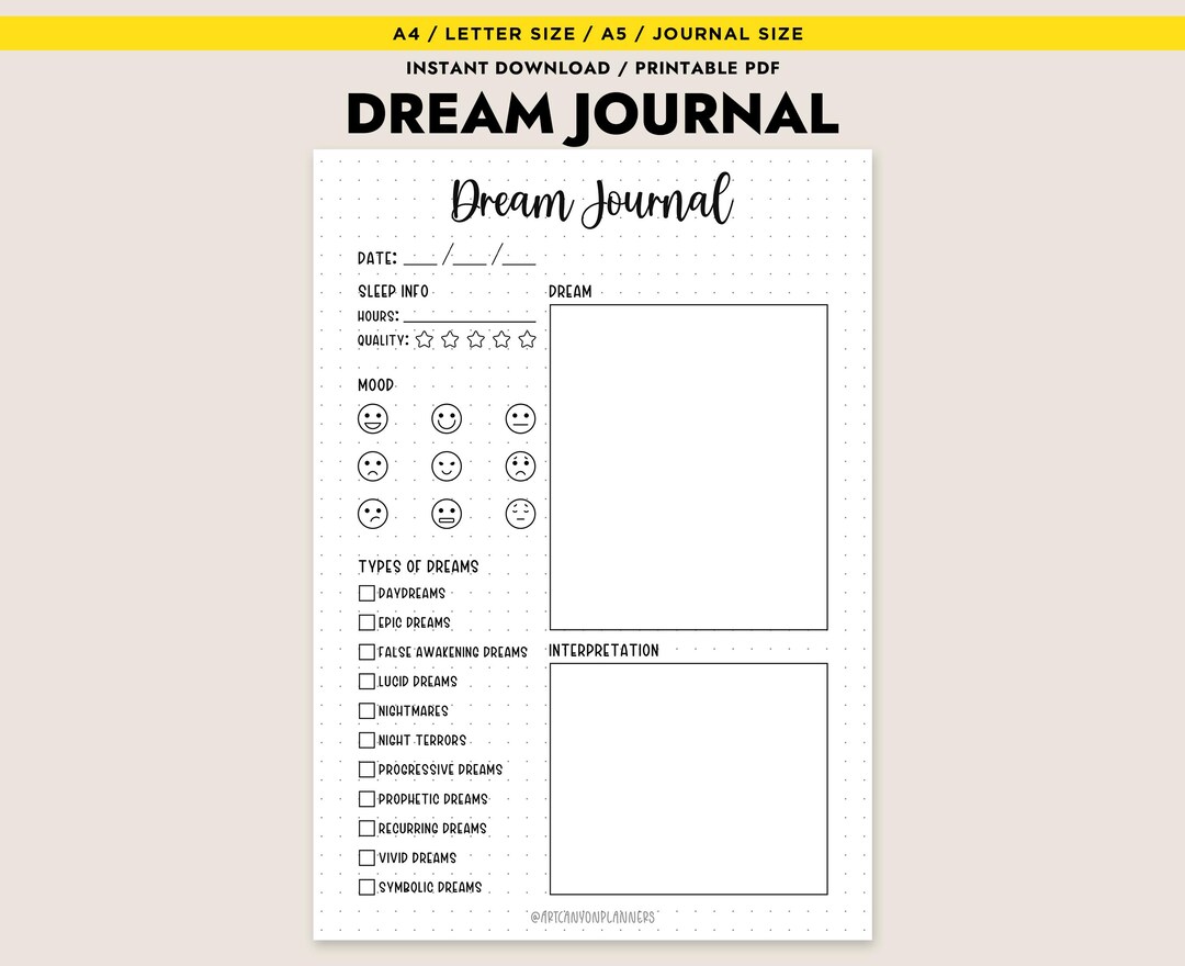 Dream Journal Printable Template Sleep Tracker Log A4 A5 Letter PDF ...