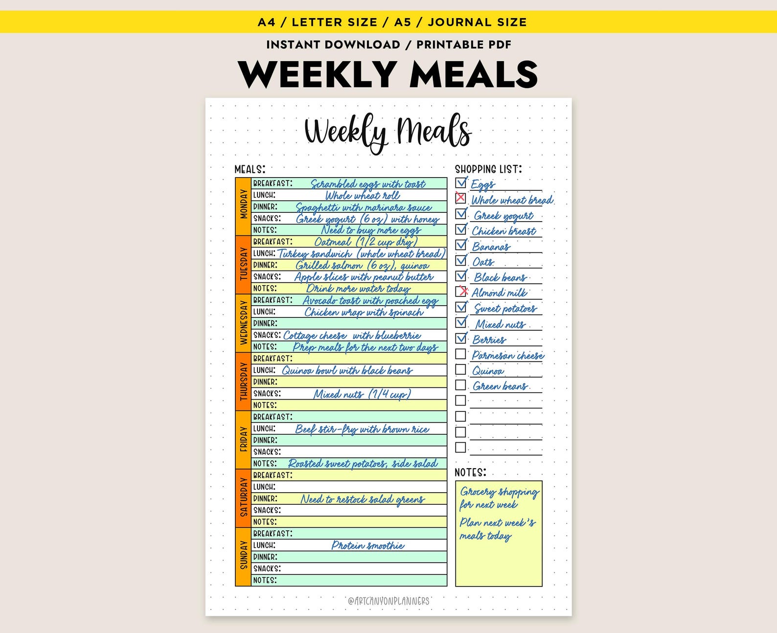 Weekly Meals Planner Printable A4 A5 Letter Journal Size Meal Plan ...