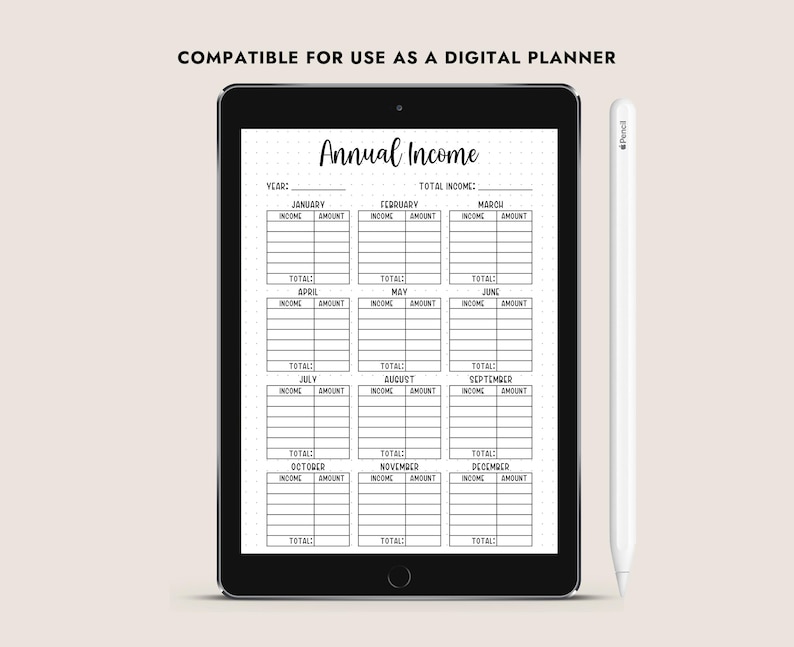 Annual Income Tracker Printable Monthly Earnings Log PDF Yearly Finance ...