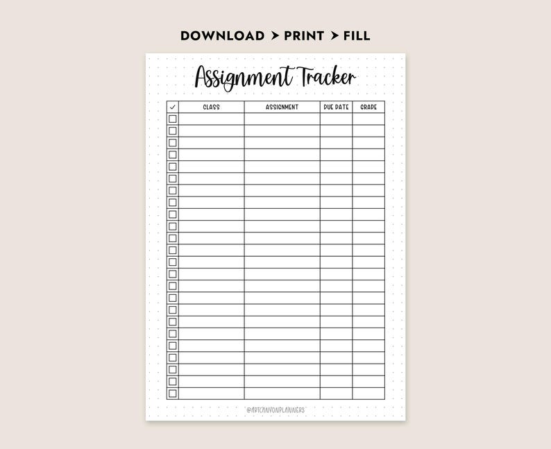 Assignment Tracker Printable Student Planner Homework Organizer ...