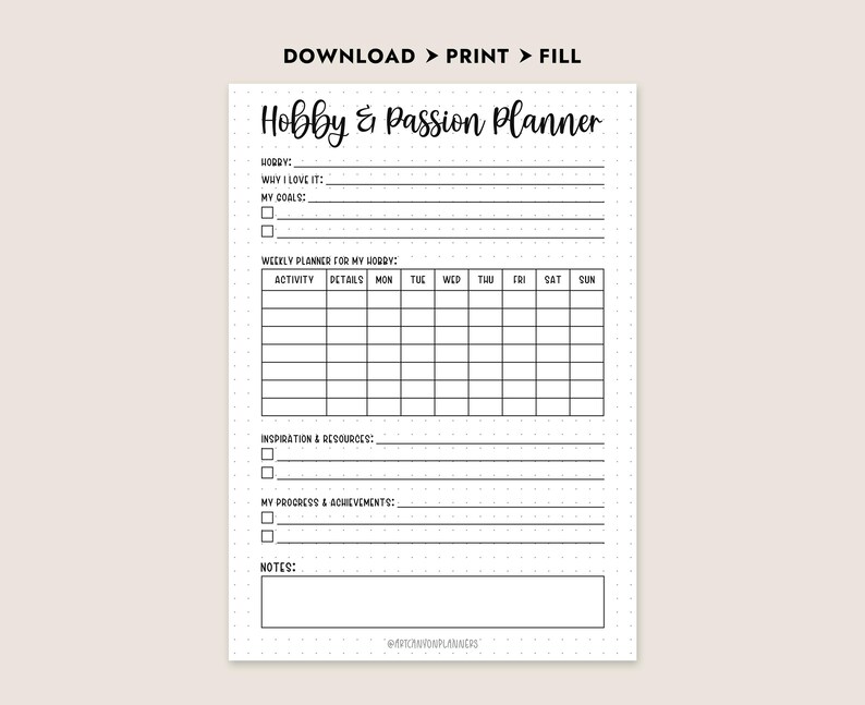 Hobby Passion Planner Printable Log Weekly Tracker A4 A5 Letter PDF ...