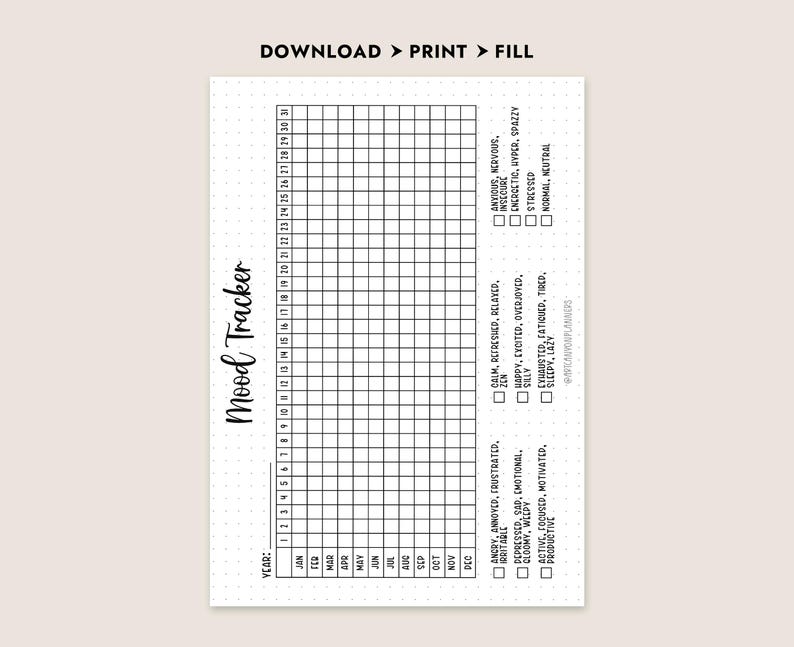 Year in Pixels Mood Tracker Printable Annual Feelings Chart Mental ...