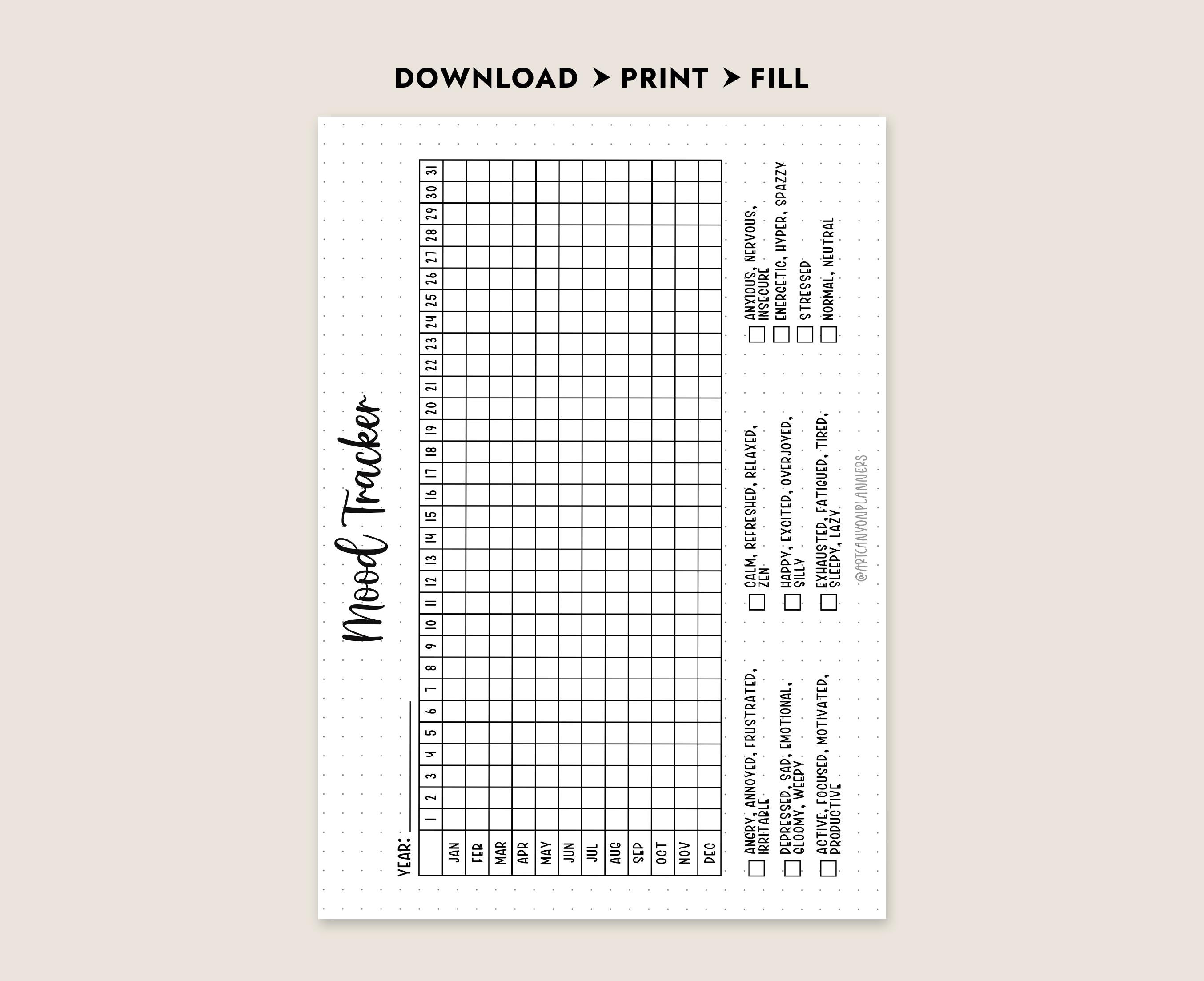 Year in Pixels Mood Tracker Printable Annual Feelings Chart Mental ...
