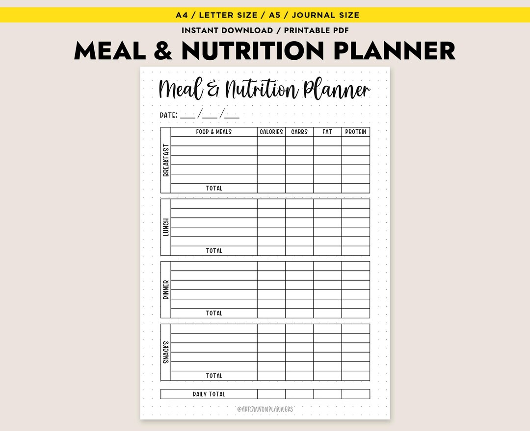 Meal Nutrition Planner Printable Daily Food Log Calorie Tracker A4 A5 ...