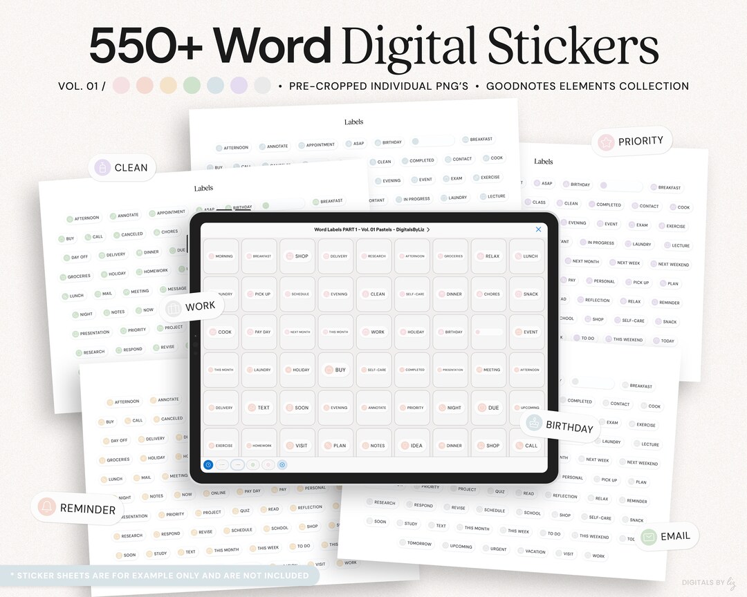 560 Word Digital Stickers, Pre-cropped Pngs & Goodnotes Elements ...